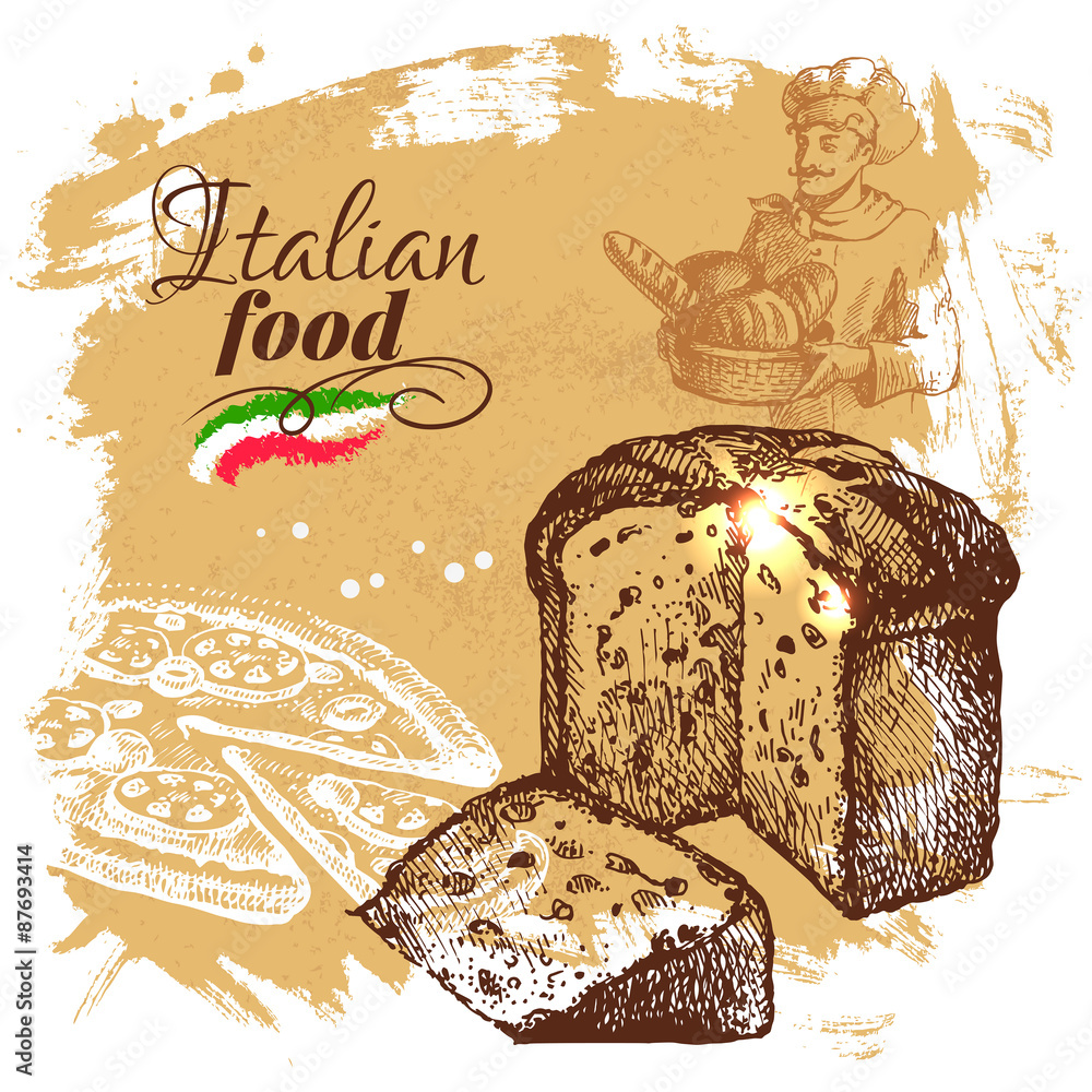 Hand drawn sketch Italian food background.Vector illustration. Stock ...