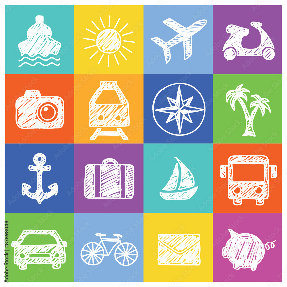 Colorful travel icons. Hand drawing vector illustration. Stock Vector ...
