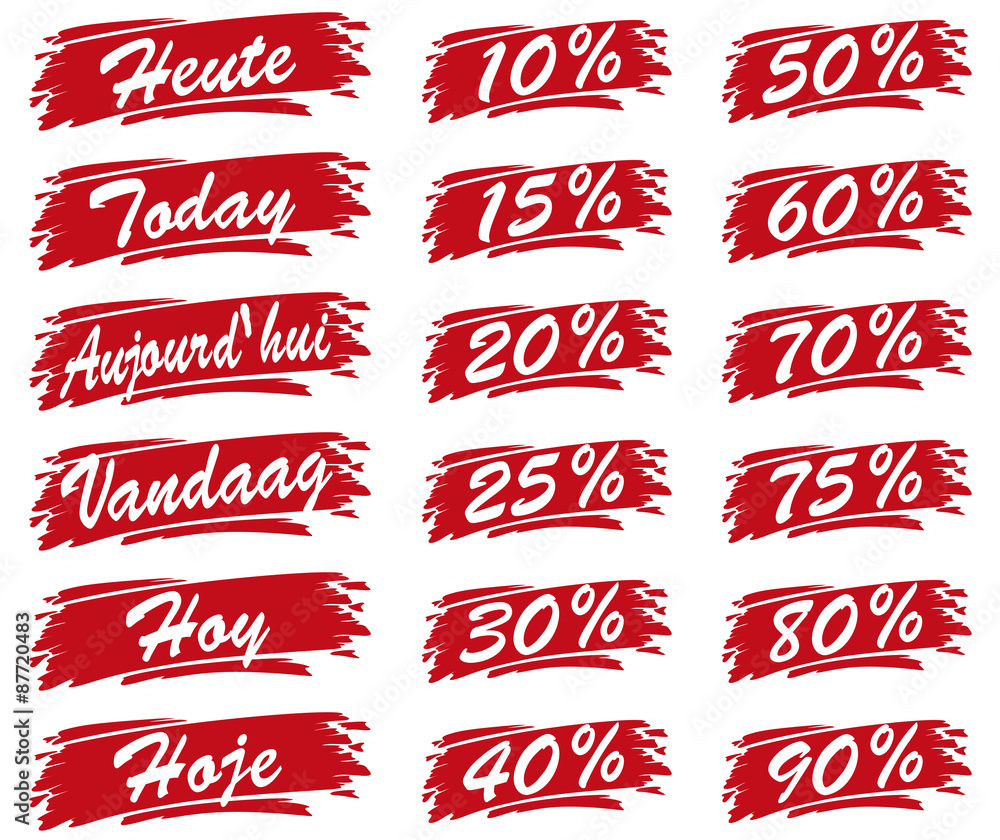 Heute Prozente – Schrift bescädigt – in 6 Sprachen (DE, GB, FR, NL, ES ...