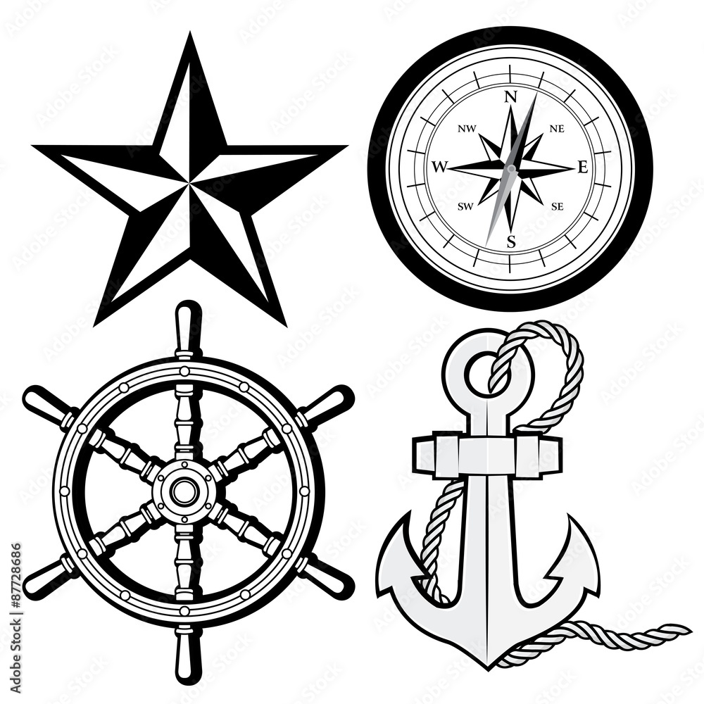 NAUTICAL STAR, COMPASS, RUDDER AND ANCHOR AND ROPE OUTLINE VECTOR Stock ...