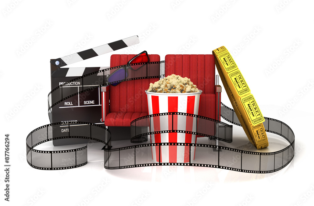 Cinema clapper board, popcorn, 3d glasses, theater seat and tic Stock ...
