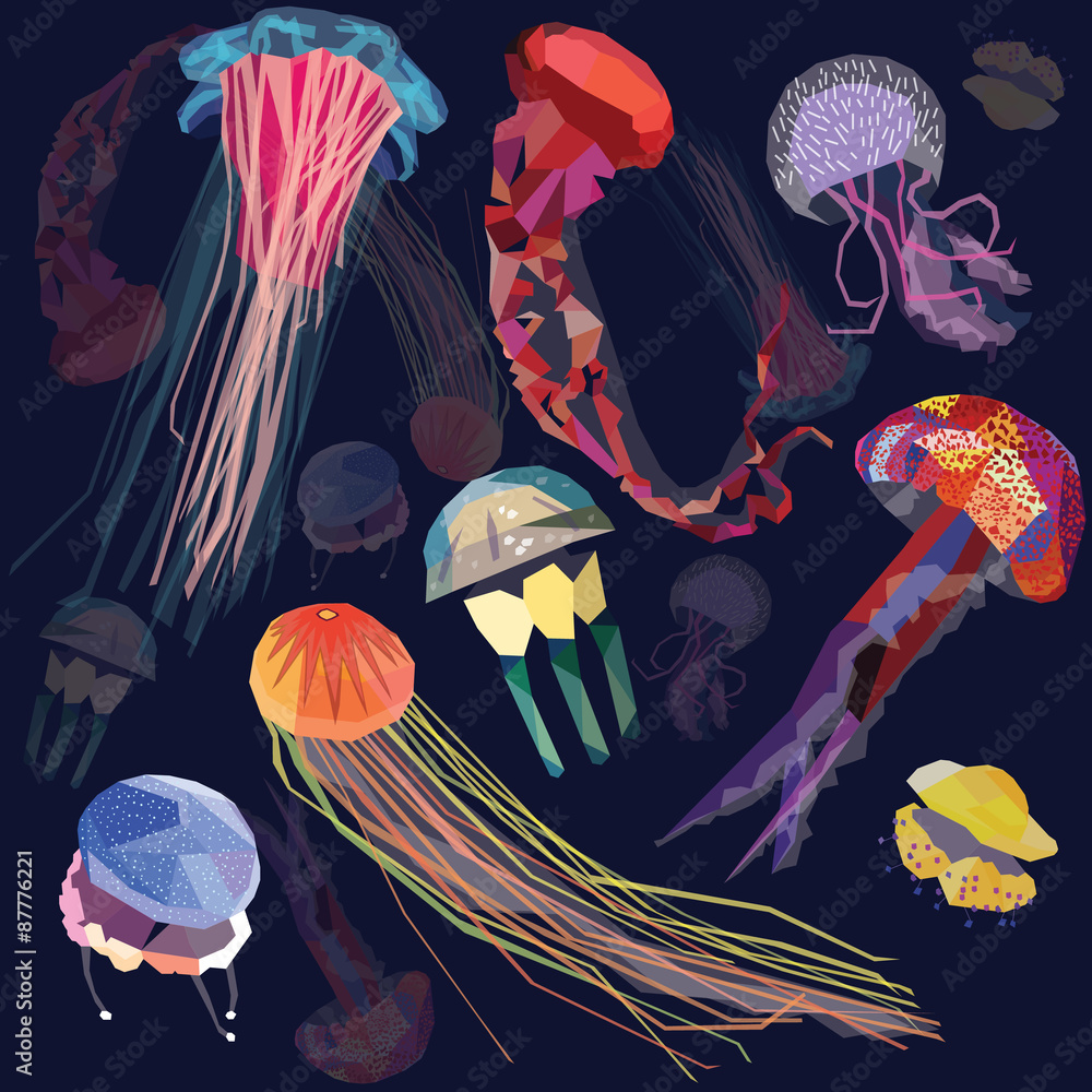 Jellyfish set geometric colorful low poly design. vector illustration ...