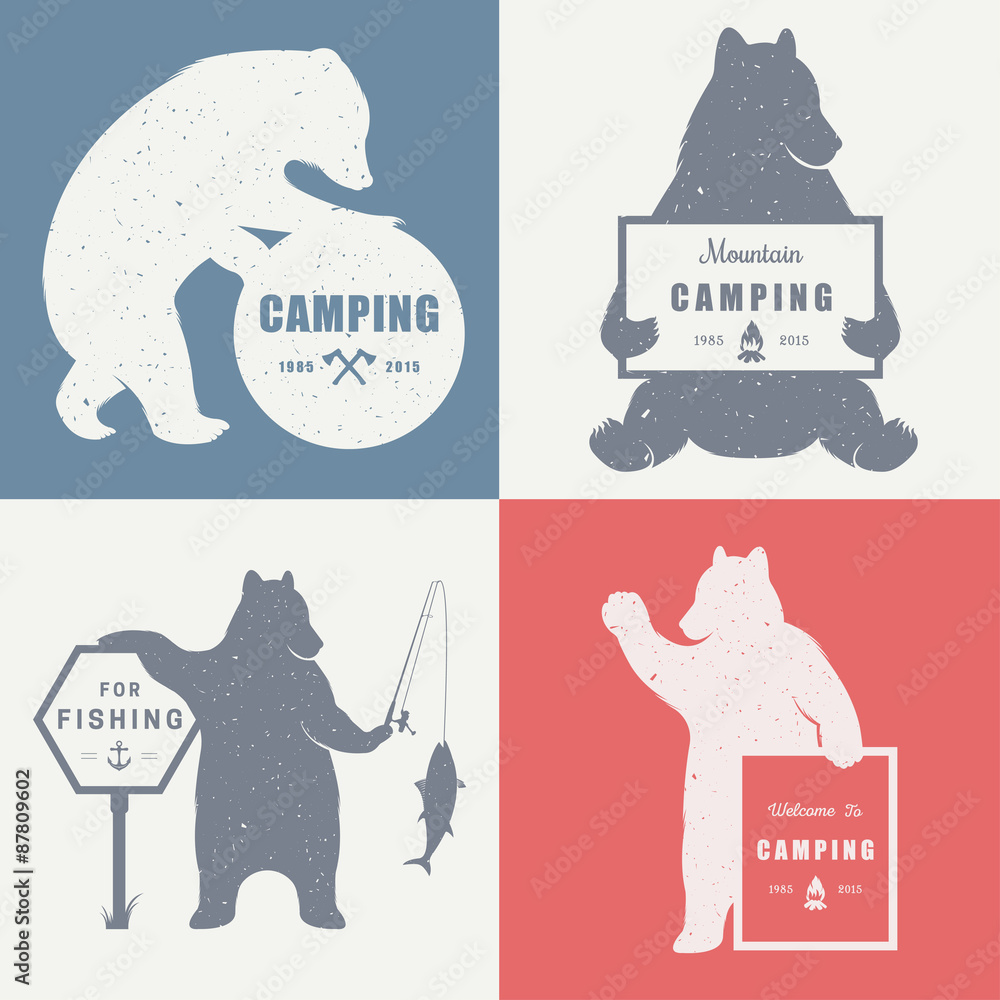 Vintage Illustration bear with sign camping - Grunge effect. Funny Bear ...