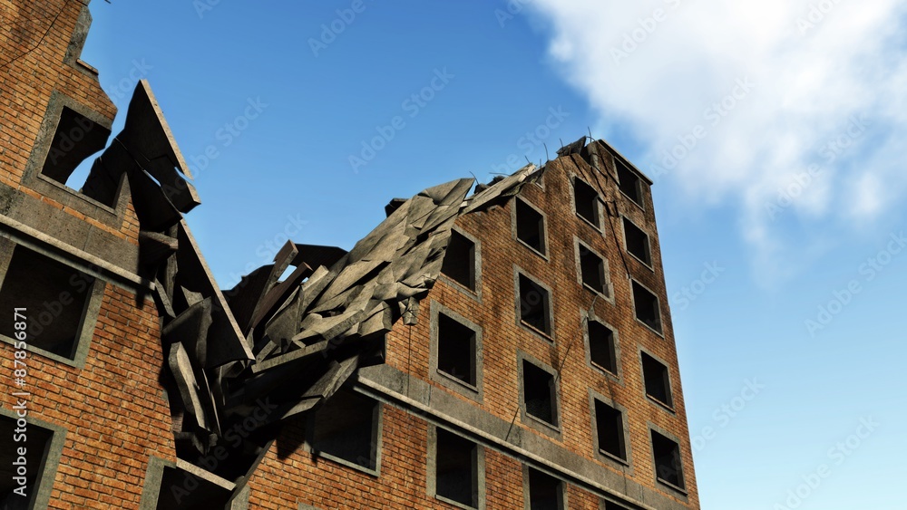 Ruined brick apartment building against blue sky close up Stock Photo ...