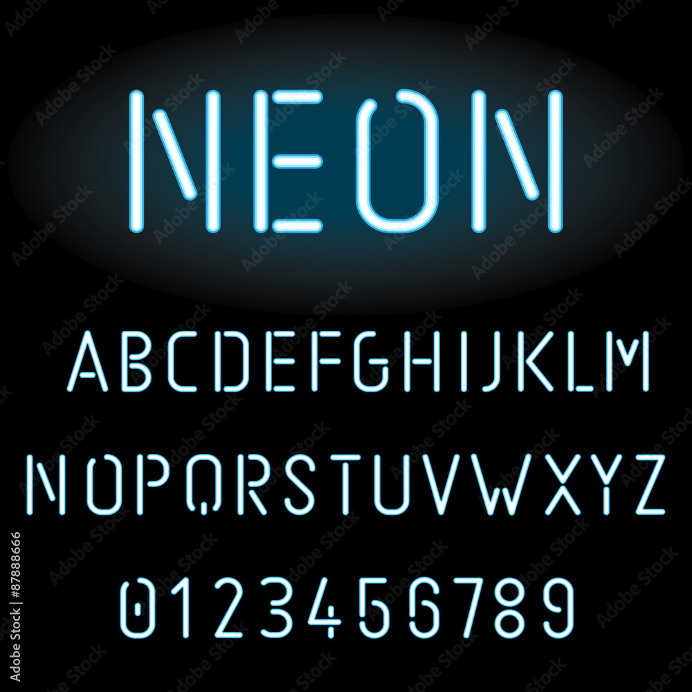 Blue neon light alphabet, vector illustration Stock Vector | Adobe Stock