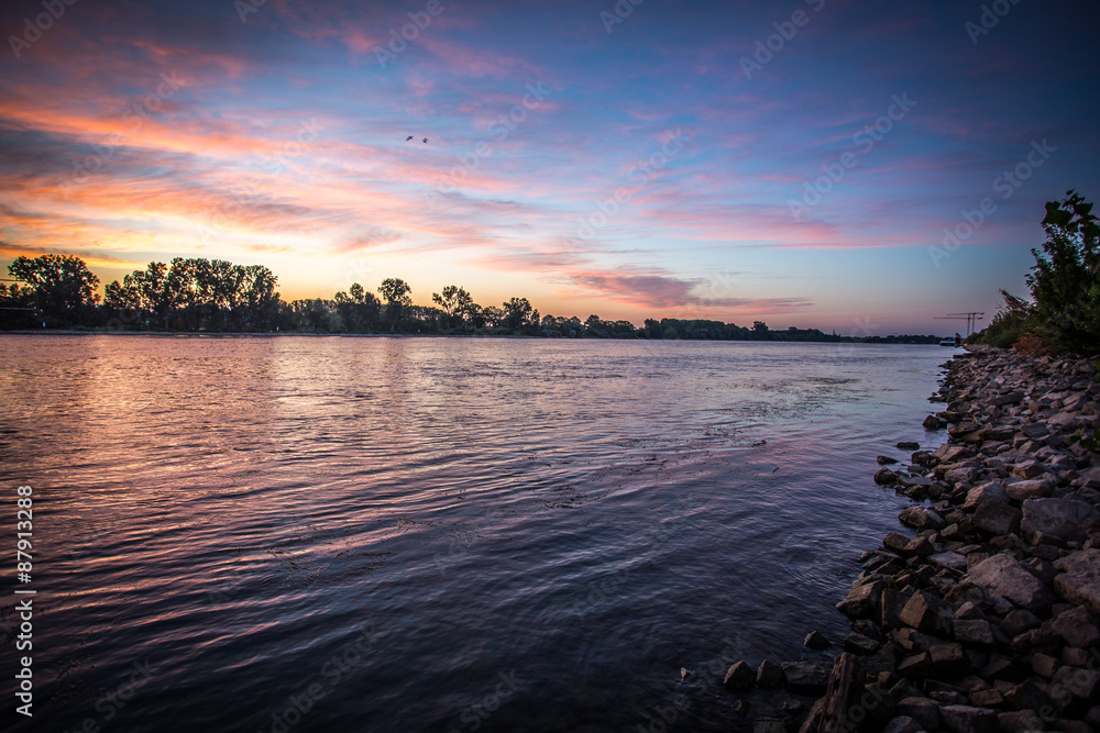 Rheinufer bei Mainz im Sonnenaufgang Stock-Foto | Adobe Stock
