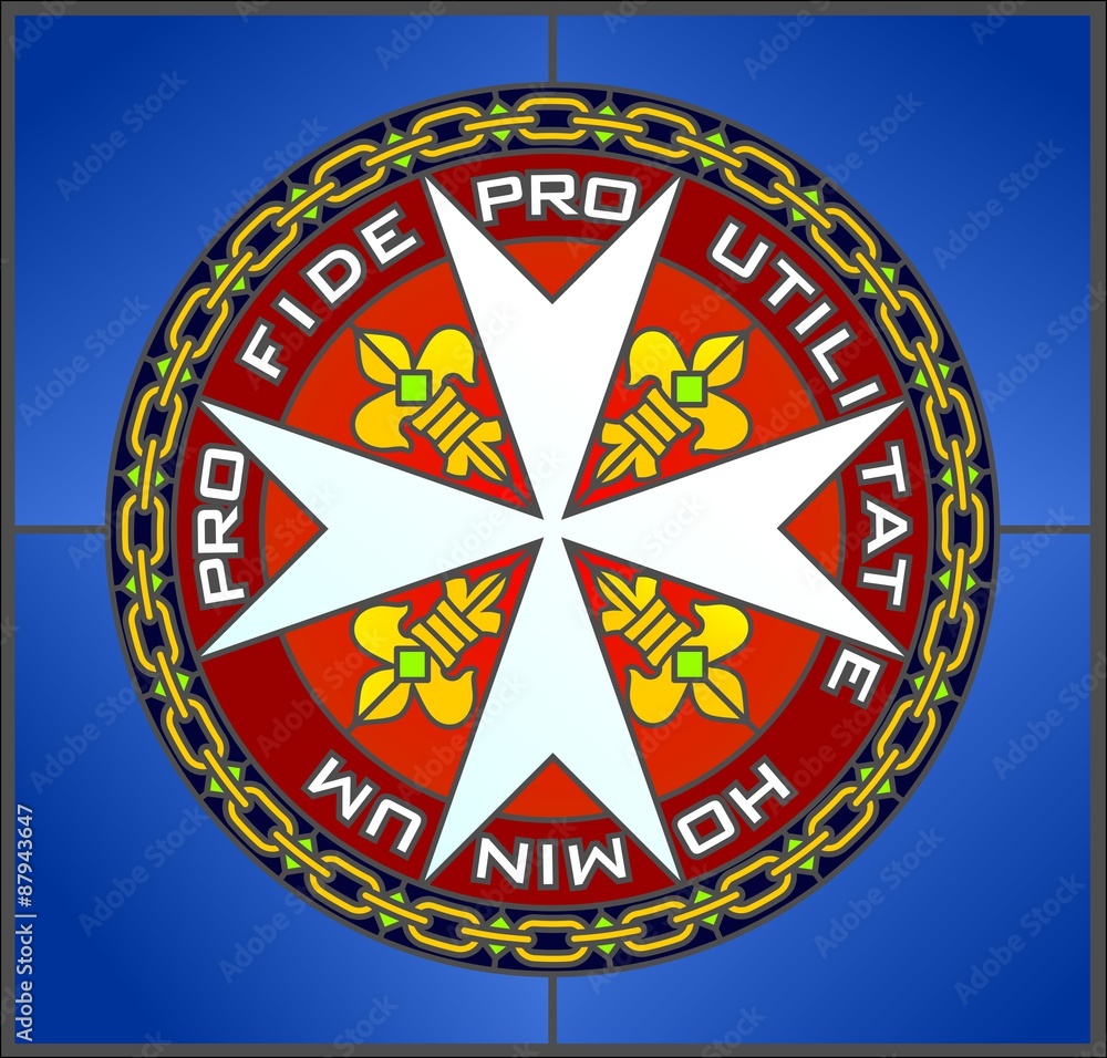 stained-glass window Maltese cross with motto. illustration Stock ...