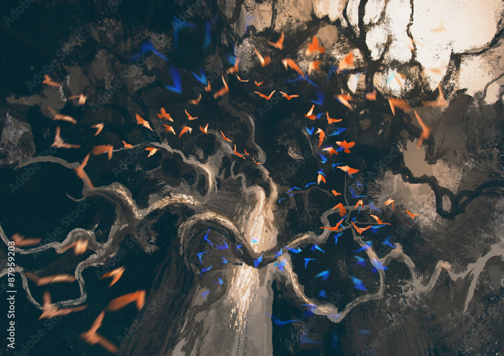 looking up in flock of birds flying to mysterious dark old tree,digital painting Stock ...