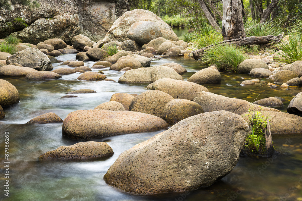 Rocks and flowing water in a creek bed at the base of the mountain ...