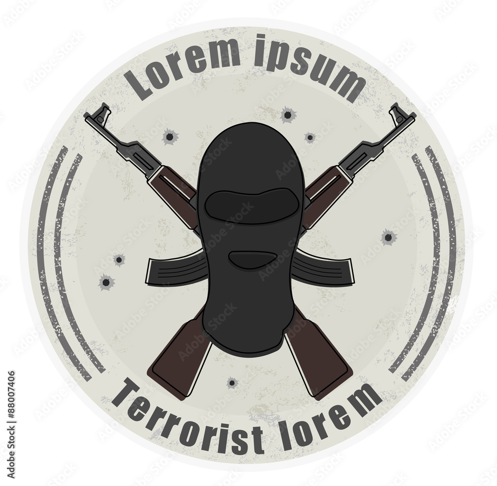 Grunge stone terrorist logo with balaclava mask and 2 crossed rifles ...