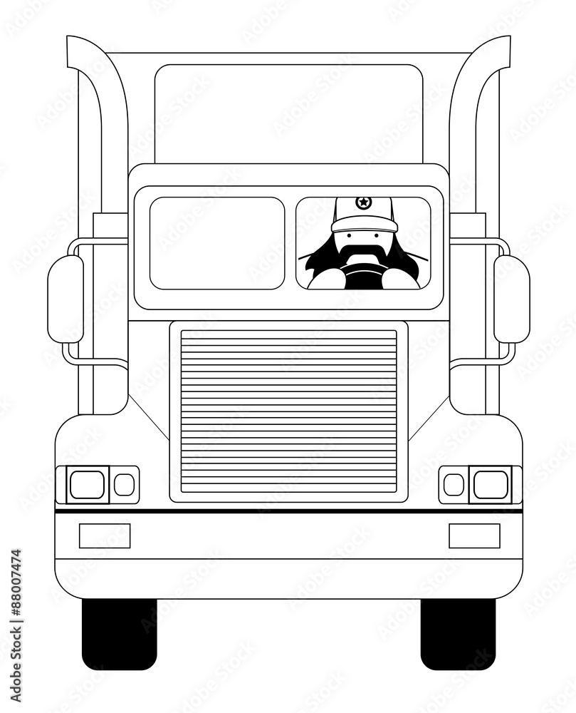 Fat round cartoon style black beard truck driver. In trucker cap ...