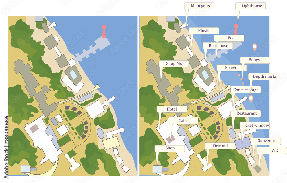 Tourist map with sea line, streets, marks and cultural objects Stock ...