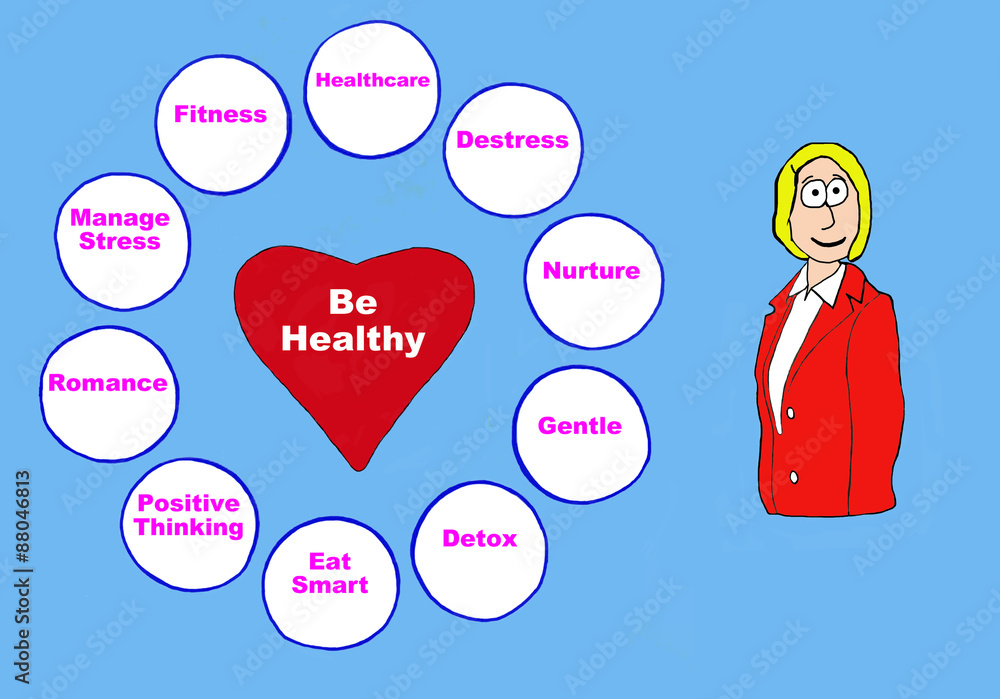 Cartoon showing a woman and the infographic: 'Be Healthy: manage stress ...