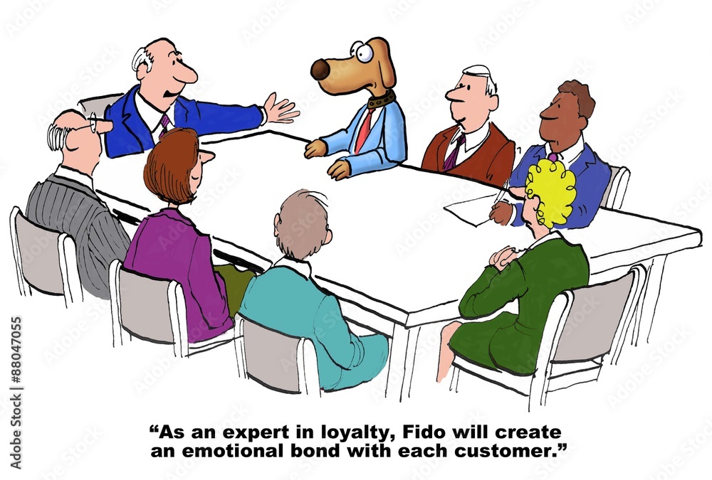 Business cartoon showing people in meeting and leader pointing to dog ...