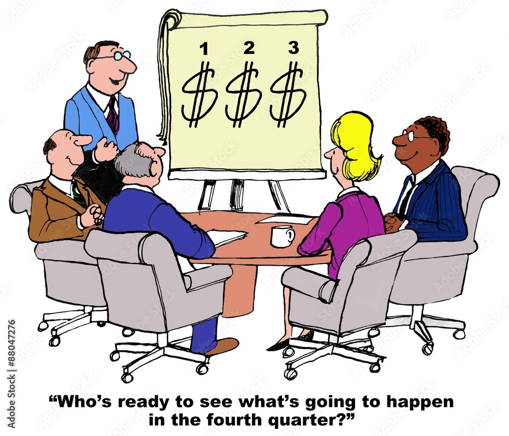 Business cartoon showing people in a meeting, a chart with large ...