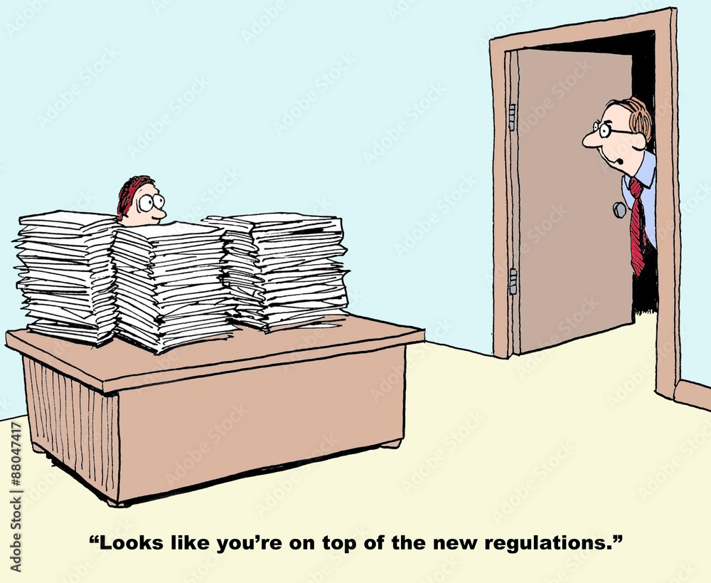 Business cartoon showing manager with desk stacked with papers and boss ...