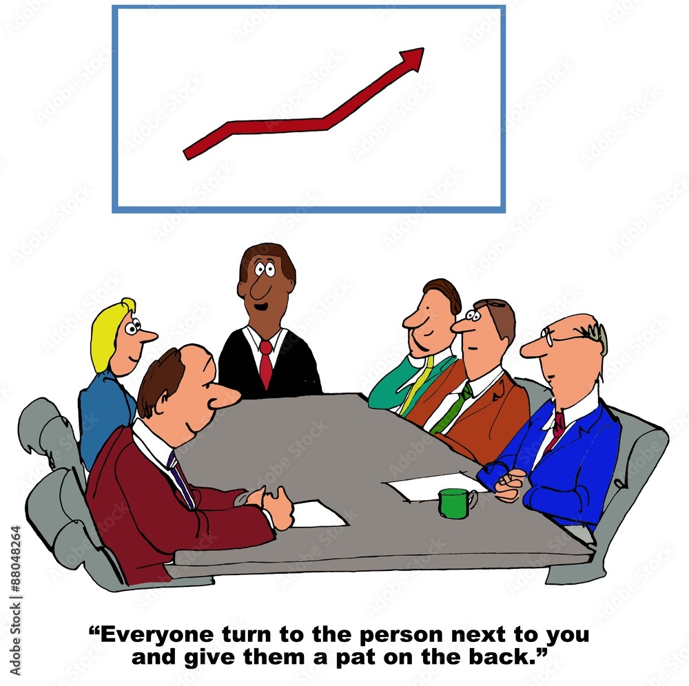 Business cartoon showing a meeting, chart with increasing sales, and ...