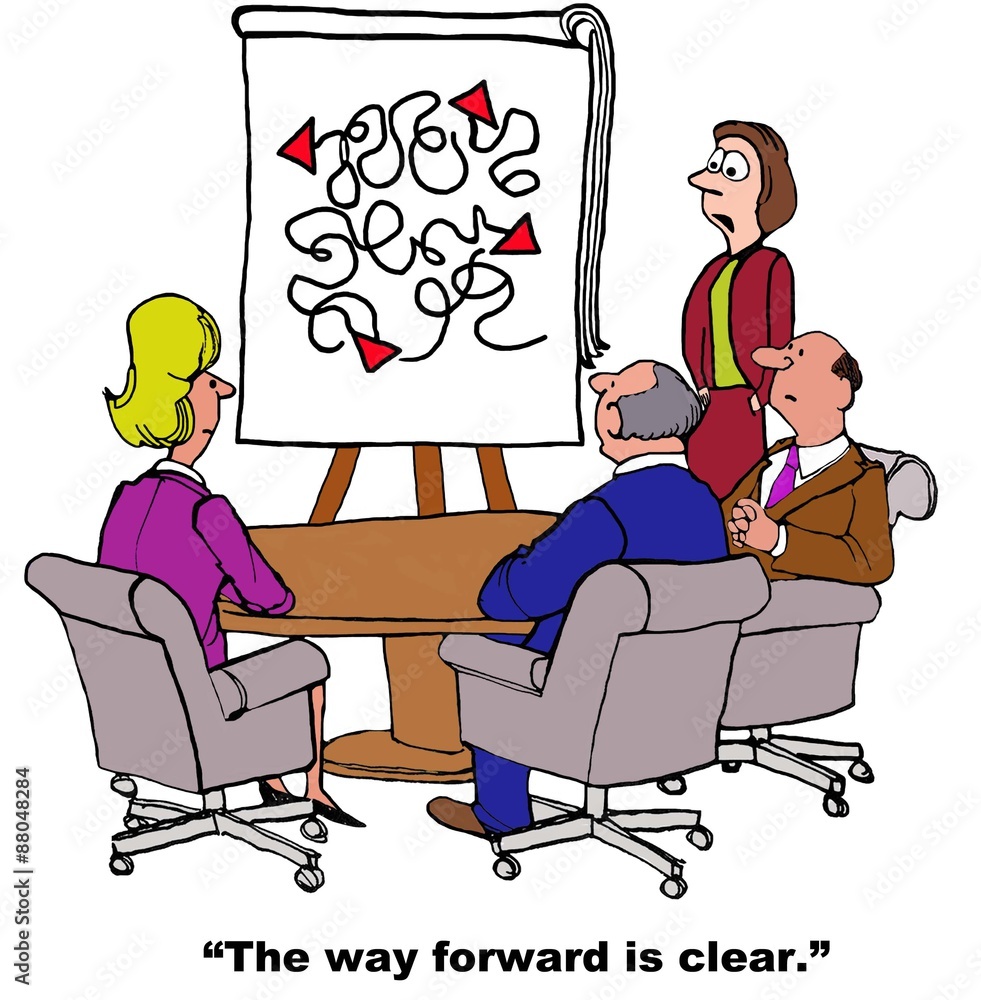 Business cartoon showing a meeting, a chart with complicated lines and ...
