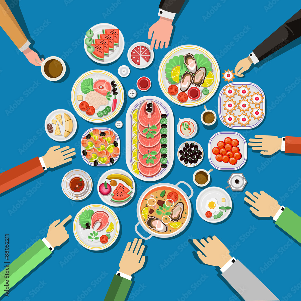 Сatering party with people hands and a table of dishes from the menu ...
