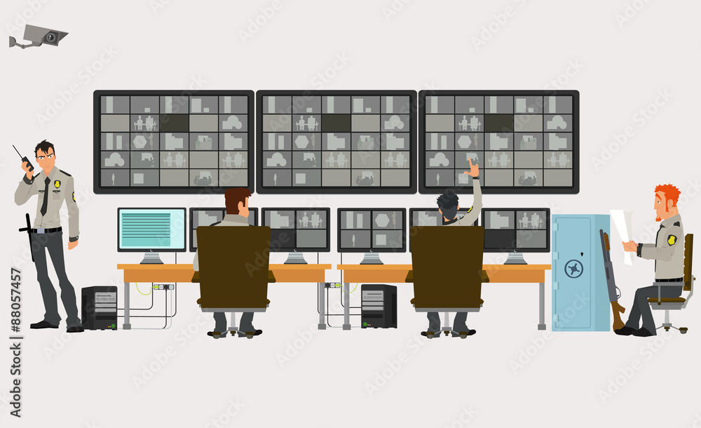 security room in which working professionals. surveillance cameras ...