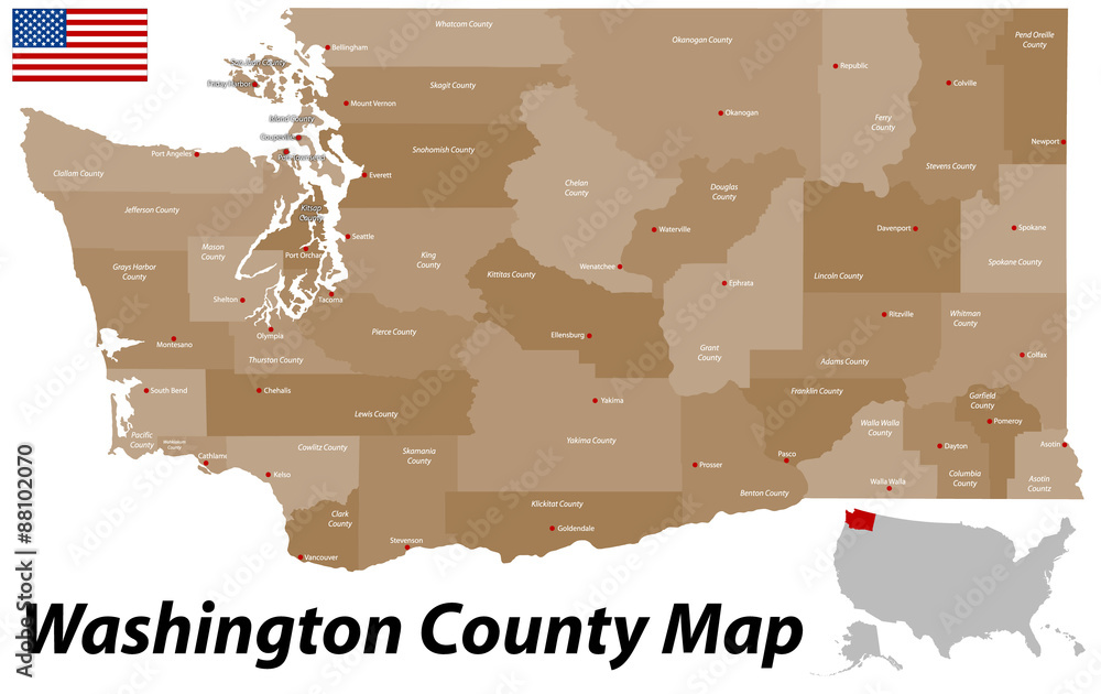 Poster A large and detailed map of the State of Washington with all ...