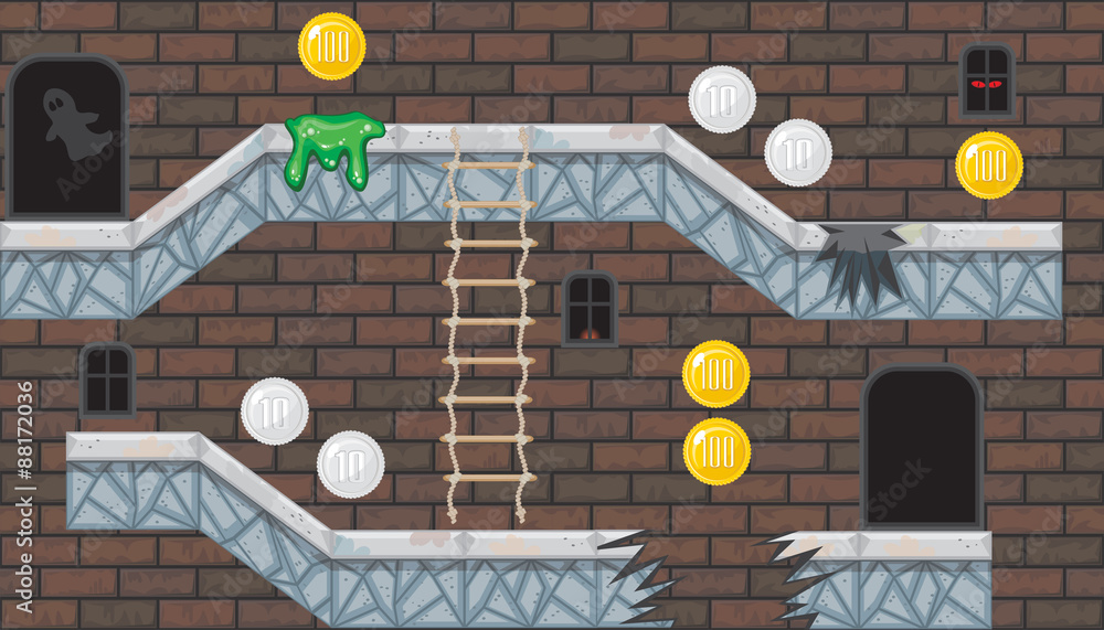 Seamless editable room with brick wall for platform game design Stock ...