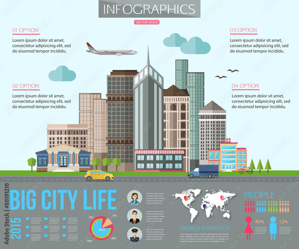 Big city life infographics with road, tall buildings Stock Vector ...