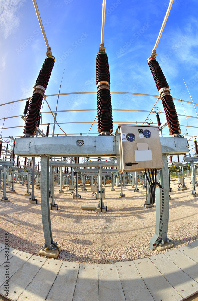 High voltage switchyard in electrical substation in fisheye perspective ...
