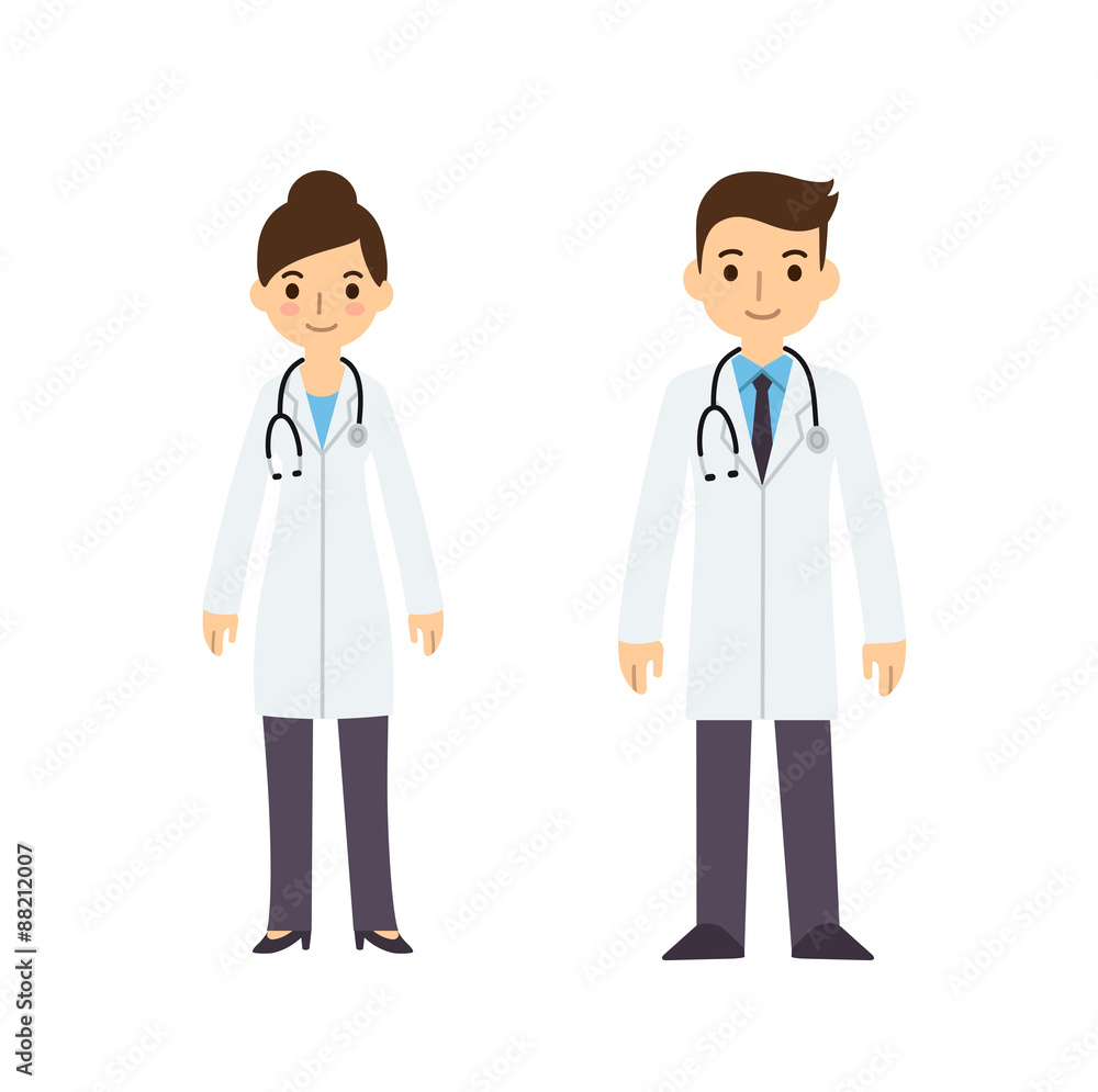 Two young doctors, man and woman, in cute flat cartoon style. Isolated ...