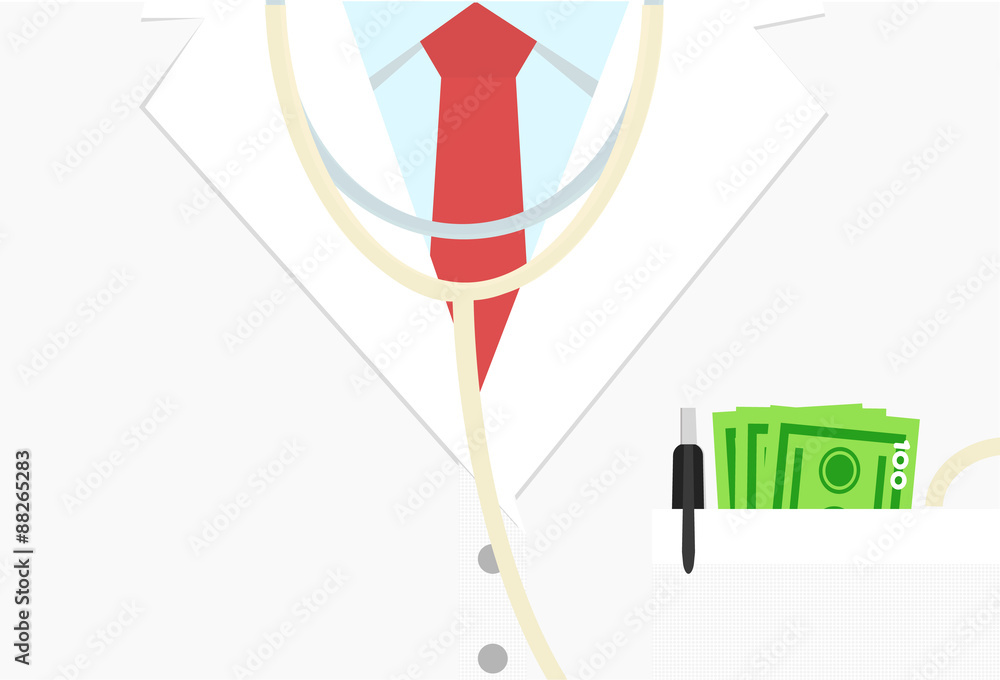 Money in doctors pocket flat design. Physician salary concept. Stock ...