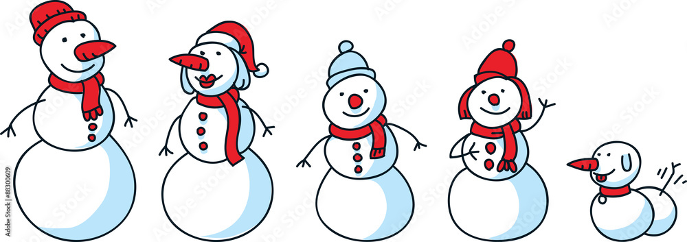 A cartoon snow family with snowman and mom, children and a snow dog ...
