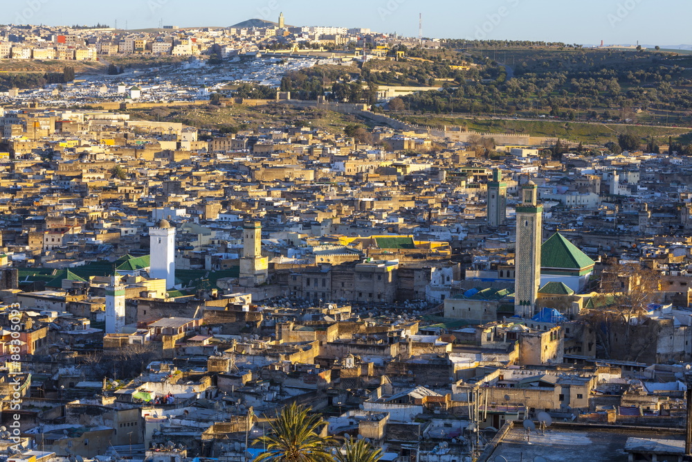 Elevated view across the Old Medina of Fes, Fez, Morocco Stock Photo ...