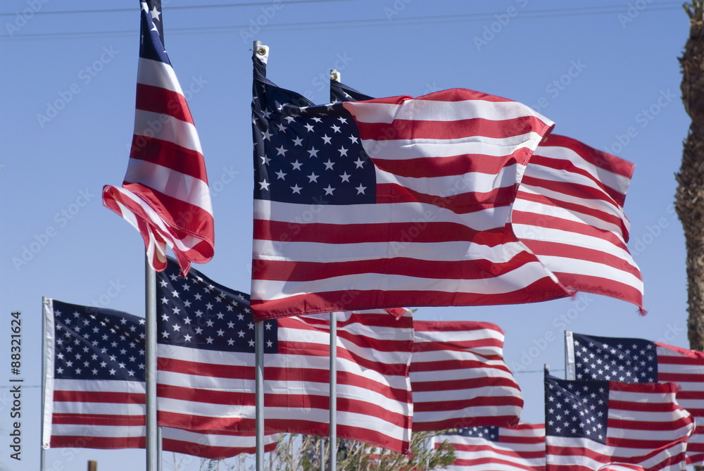 American flags at the Patton Museum, Chiriaco Summit, in the desert ...