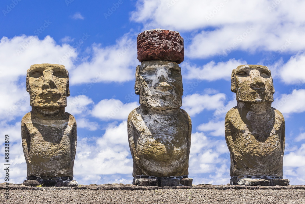 Details of moai at the 15 moai restored ceremonial site of Ahu ...