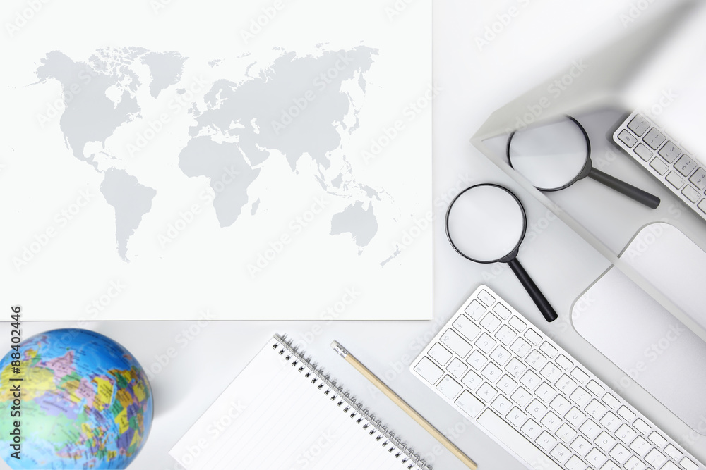 research concept, top view of desk with computer magnifying glass Stock ...
