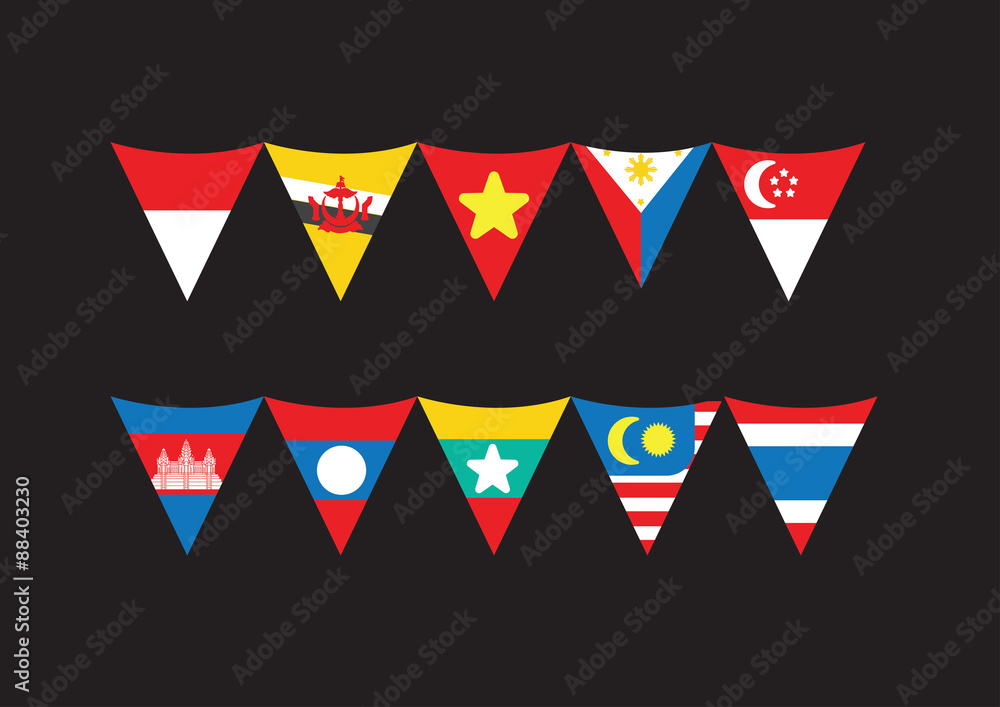 flat Asean triangle garland flag on black background vector Stock ...