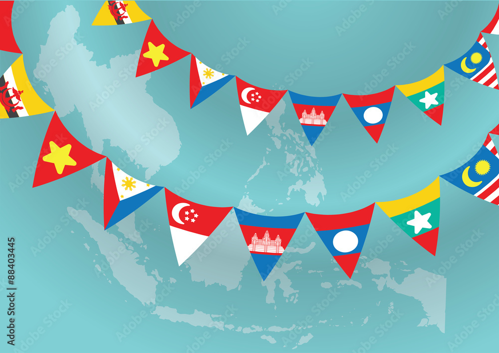 flat Asean triangle garland flag on Asian map background vector Stock ...