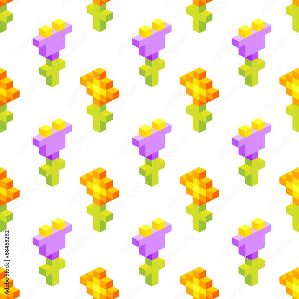 Seamless background of isometric flowers. Vector illustration in pixel ...