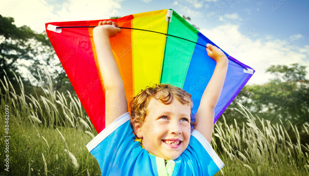 Little Boy Playing Kite Park Windy Conceptbonding, boy, carefree Stock ...