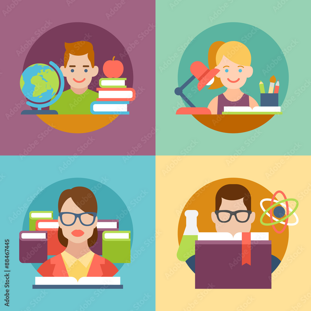 Flat education student pupil kid parent teacher icon set Stock Vector ...