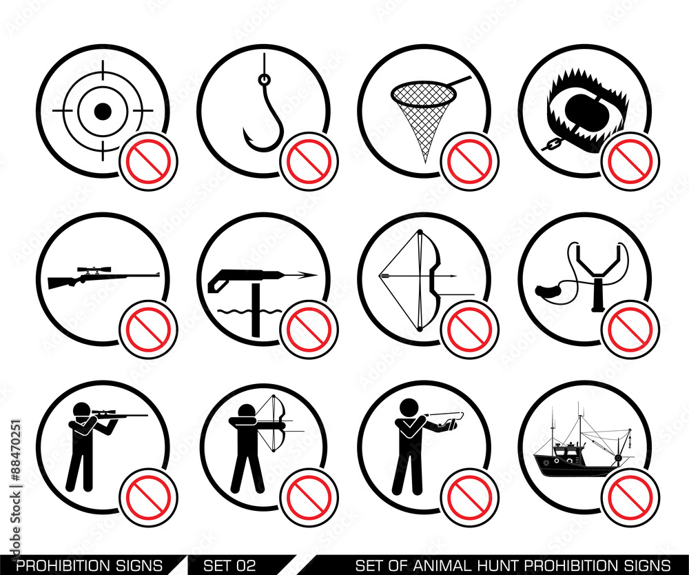 Set of animal hunt prohibition signs. Collection of signs that ban ...