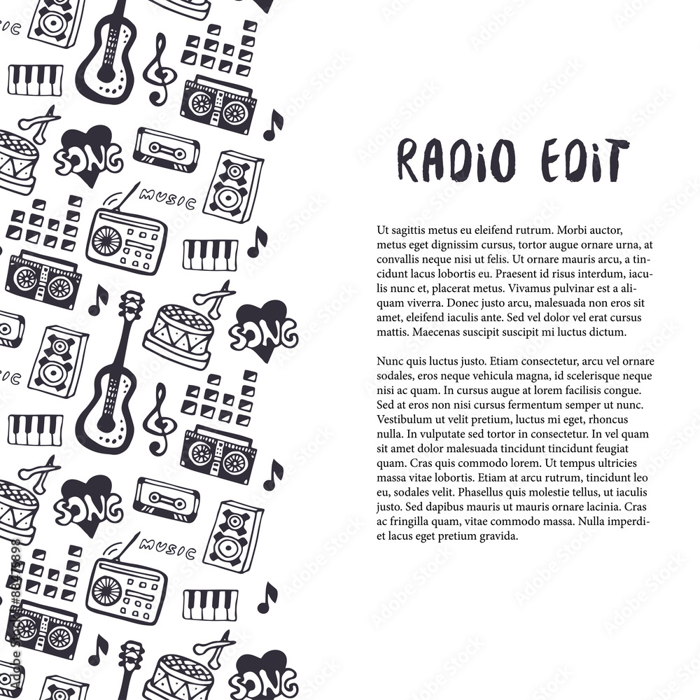 Music seamless border with musical instruments and hand drown sound ...