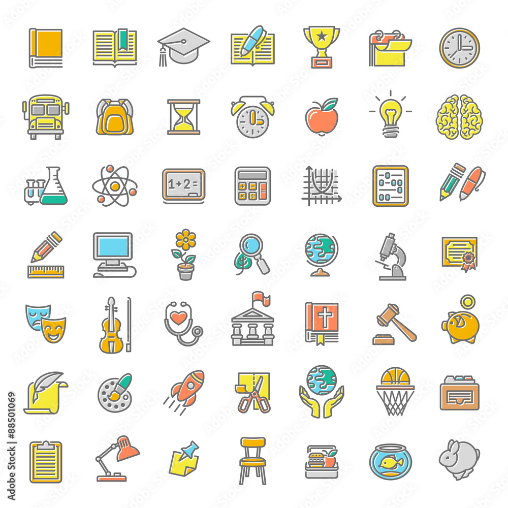 Set of modern flat line colorful vector icons of school subjects ...