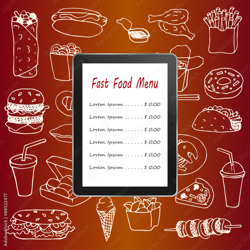 Fast Food menu with hand drawn doodle elements and tablet computer ...