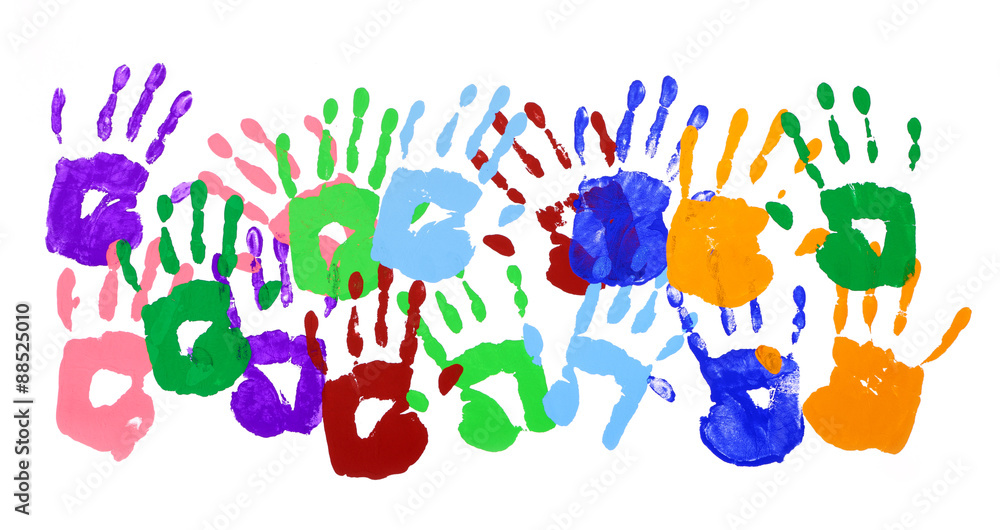 Handprints or hand prints several colors in a horizontal banner row or ...