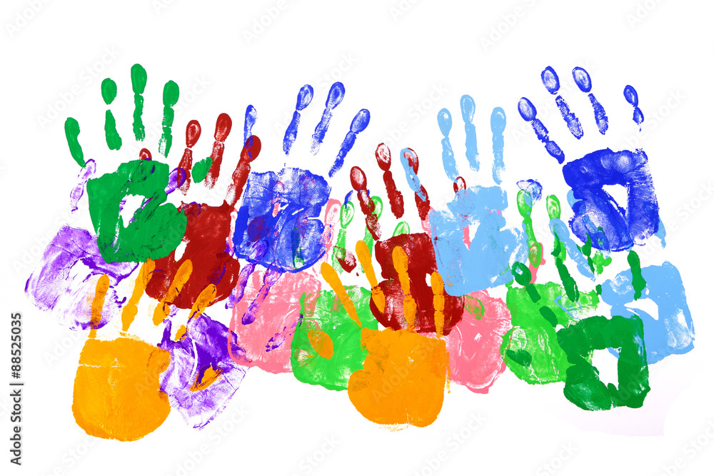 Handprints or hand prints several colors in a horizontal banner row or ...