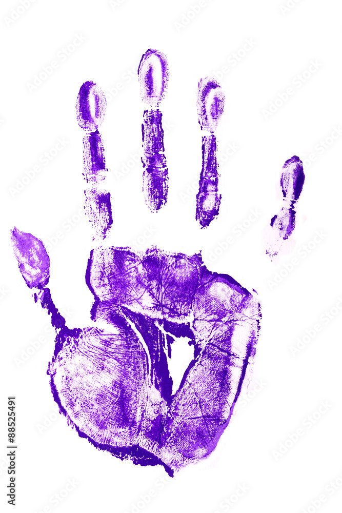 Handprint or hand print one single in purple paint isolated on white ...