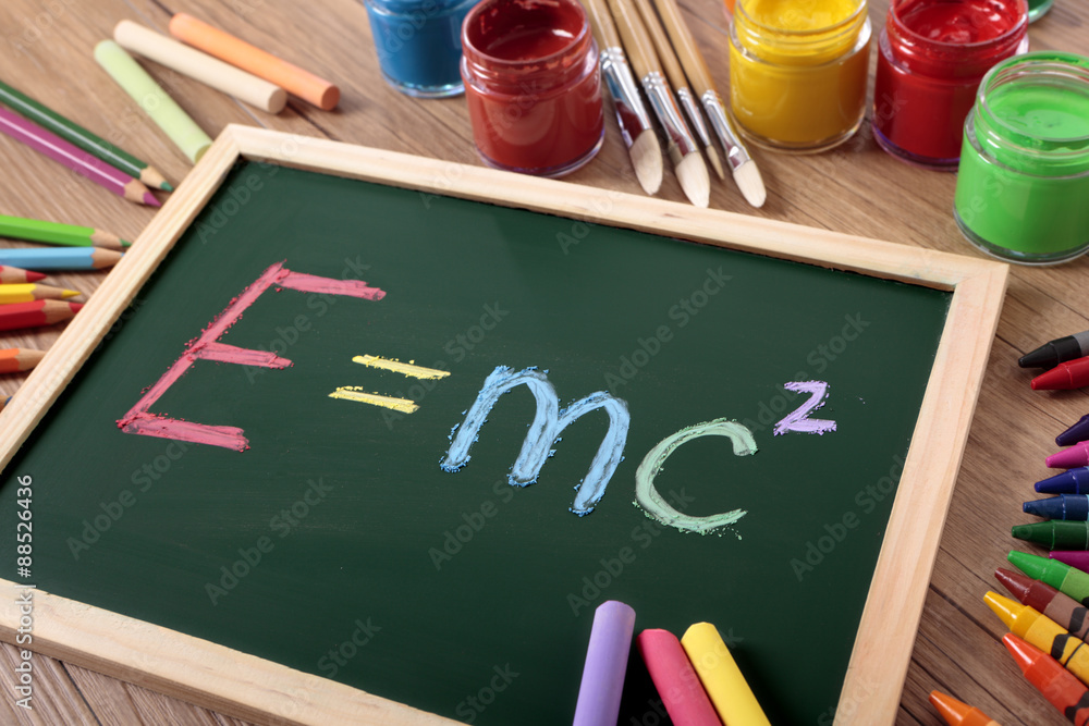 E = MC2 Einsteins famous formula written on a small blackboard on a ...