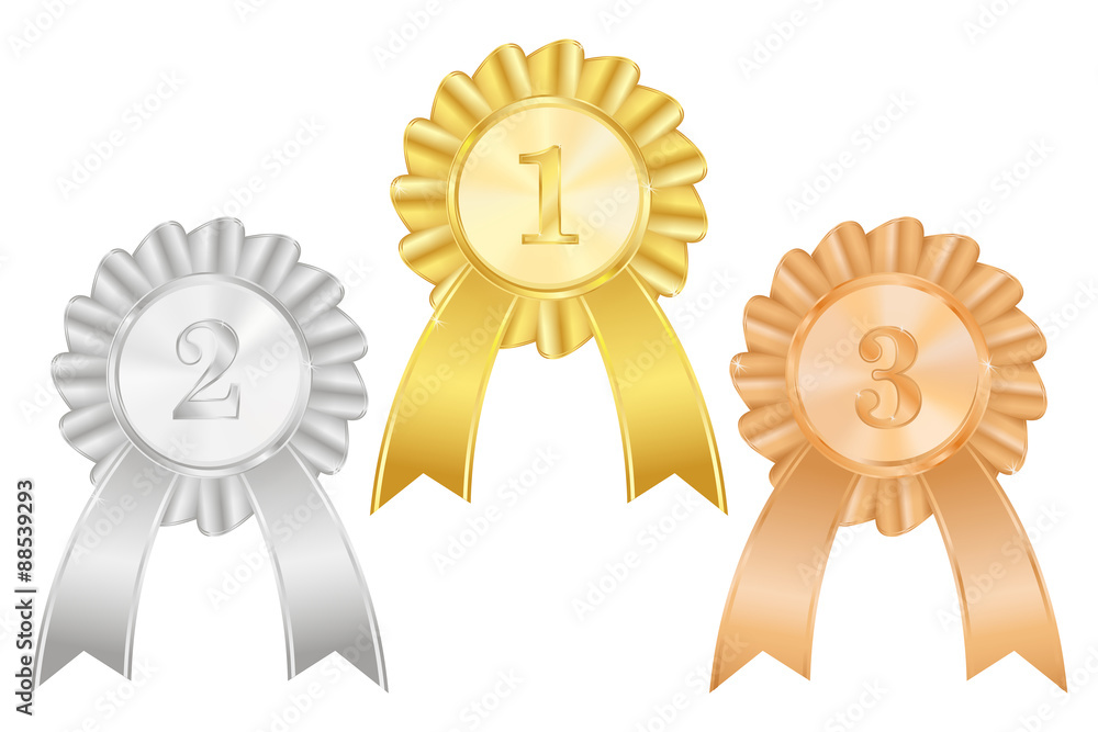 Gold, silver and bronze medals with awards ribbons. First place, second ...