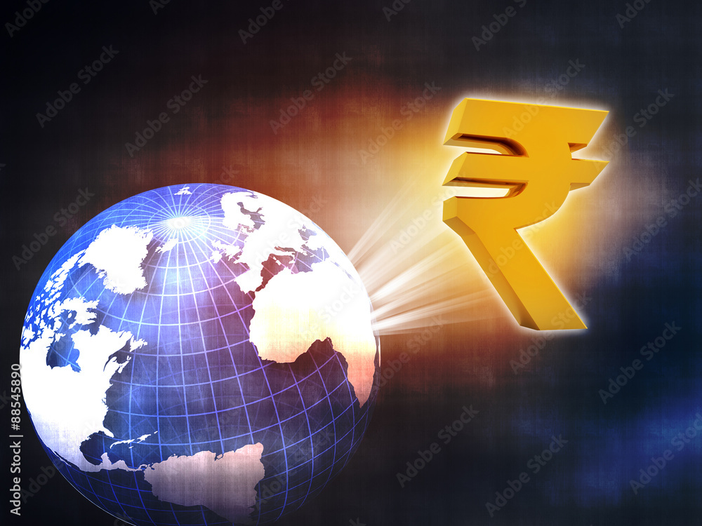 world with Rupee symbol , movement of rupee in global economy Stock ...